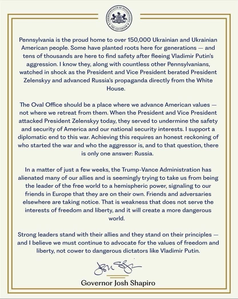 3/1/2025 — Governor of Pennsylvania: My Statement on Today’s White House Meeting with President ...